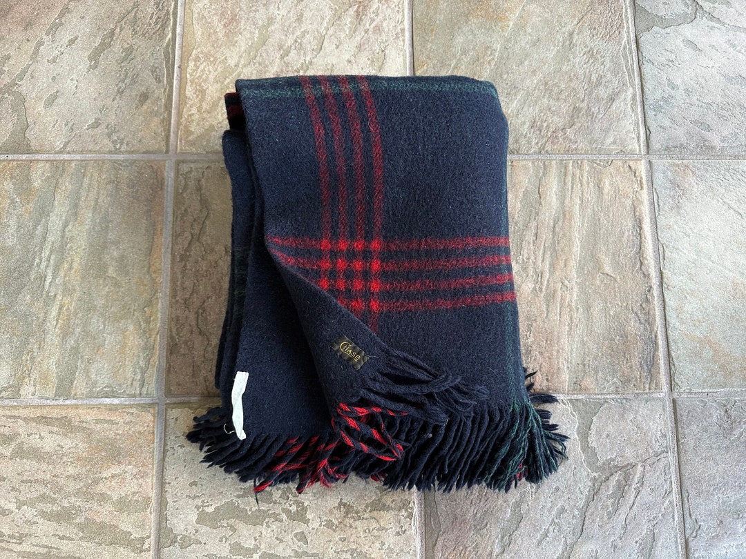 1930s 40s Dark Blue & Red Plaid Wool Double Sided Blanket | 64" X 52 ...