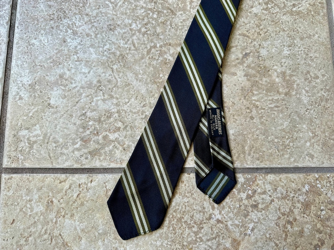 1960s BROOKS BROTHERS Navy Blue & Olive Green Regimental Striped Silk Repp Tie Untipped Ivy ...
