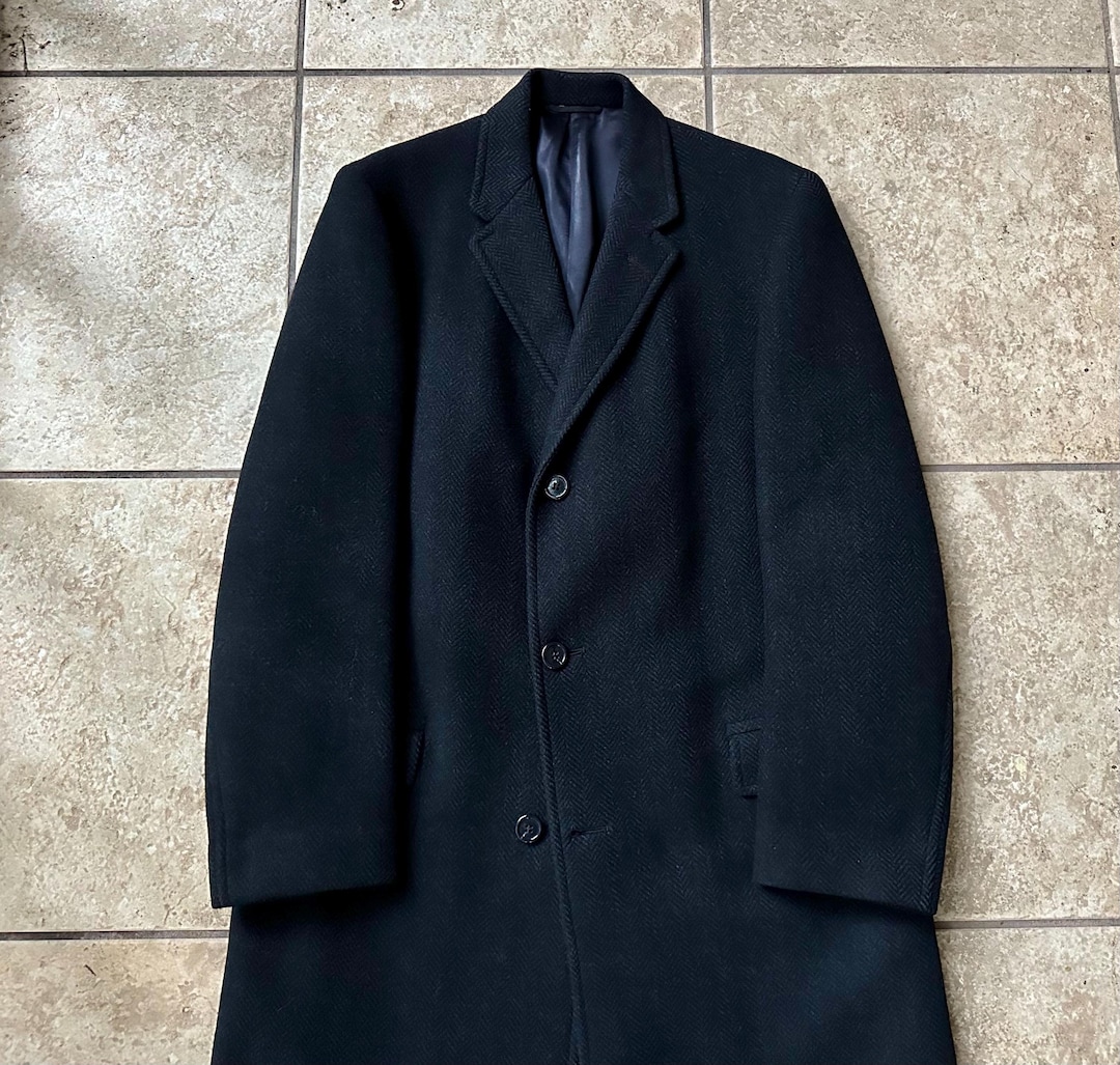 1960s Dark Blue Herringbone Wool Sack Overcoat | 38 40 Long | RALEIGH ...