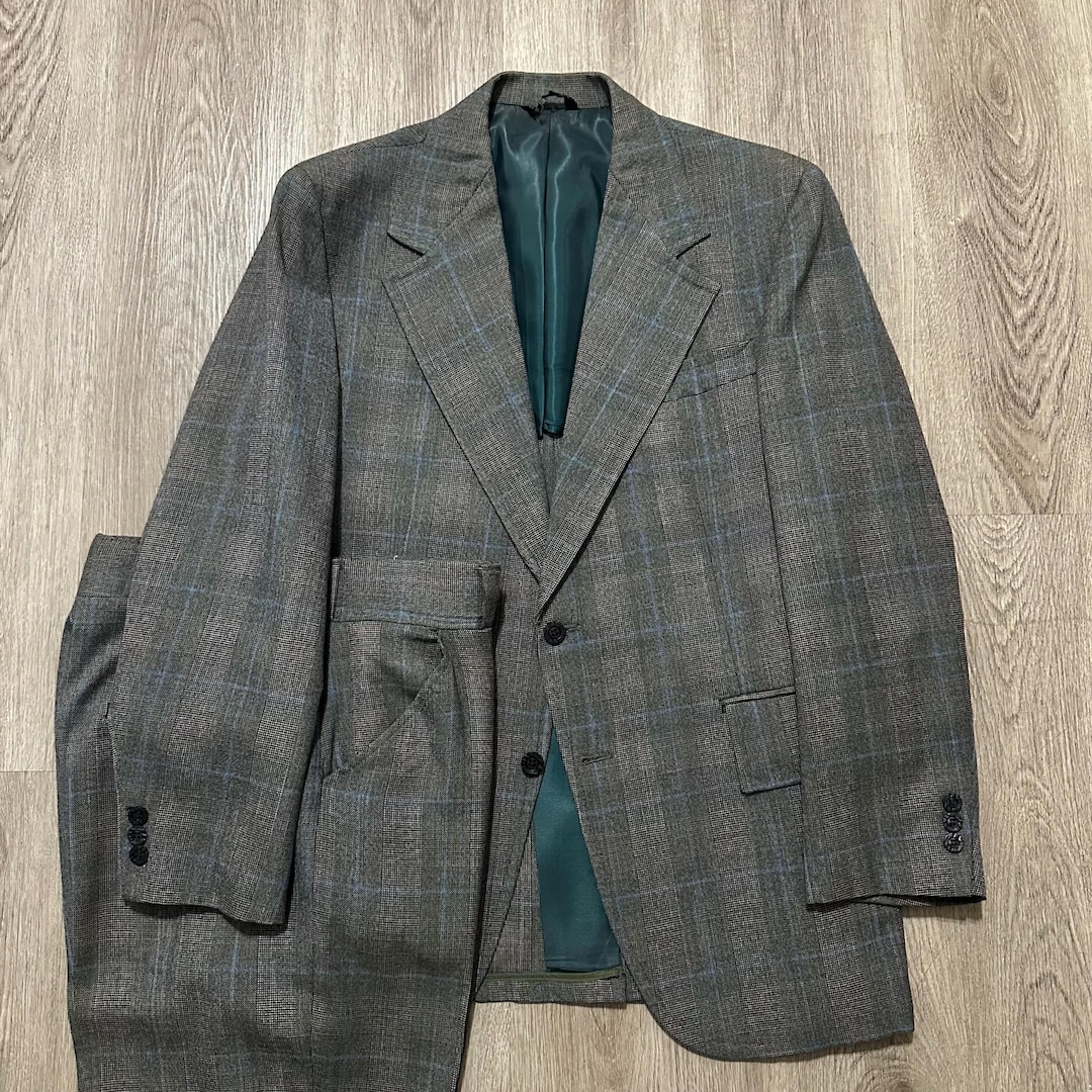 1970s Gray & Blue Plaid Worsted Wool Suit | 39 40 Regular | 