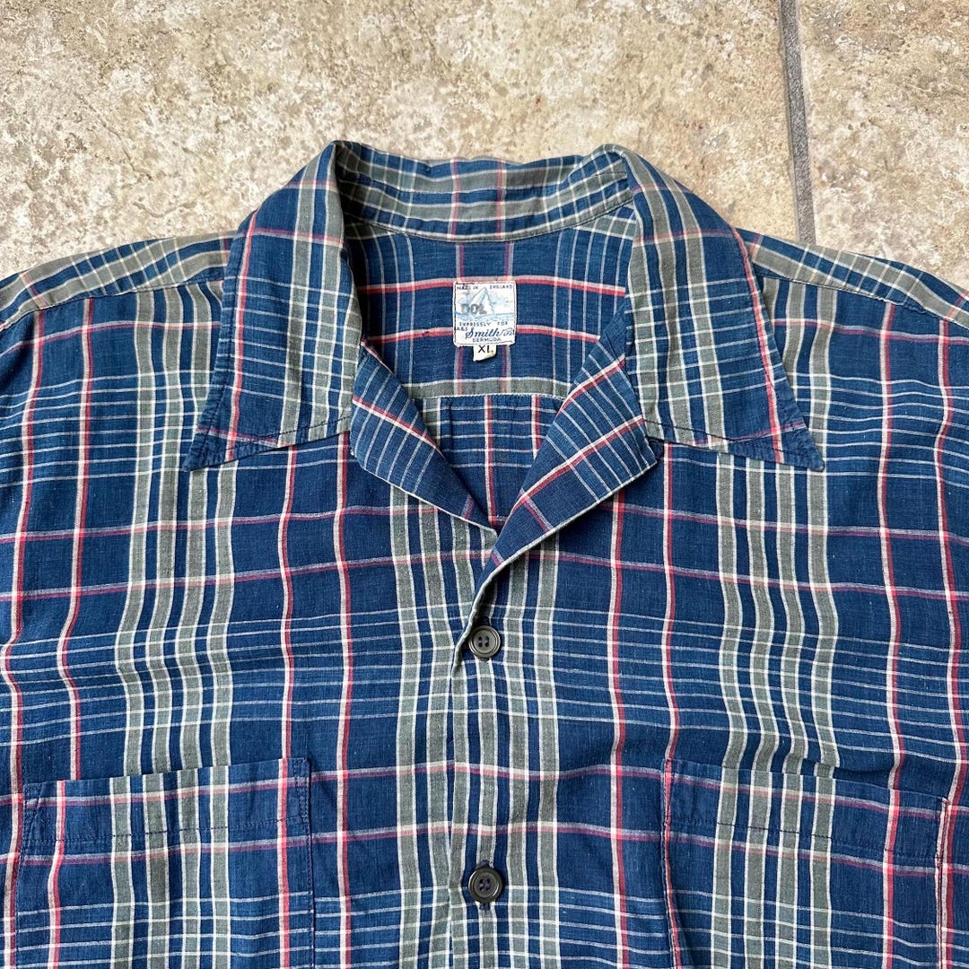 1950s Blue Plaid Bleeding Madras Loop Collar Short Sleeve Shirt | Extra ...