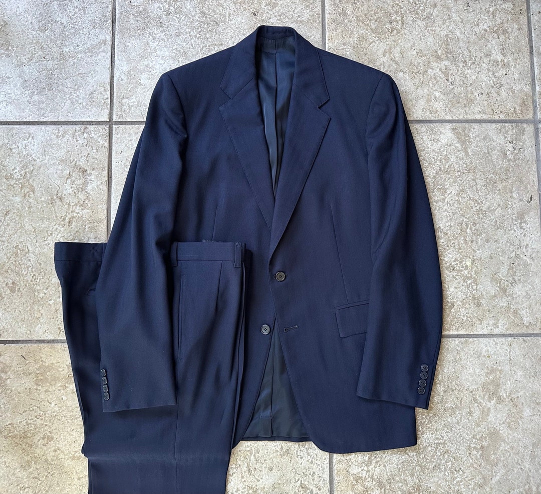1970s Bespoke Navy Blue Herringbone Flannel Suit 36 37 Regular DUNHILL ...