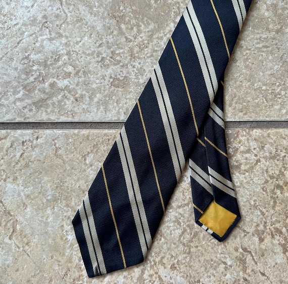 1960s Navy Blue & Silver Regimental Striped Silk Tie … - Gem