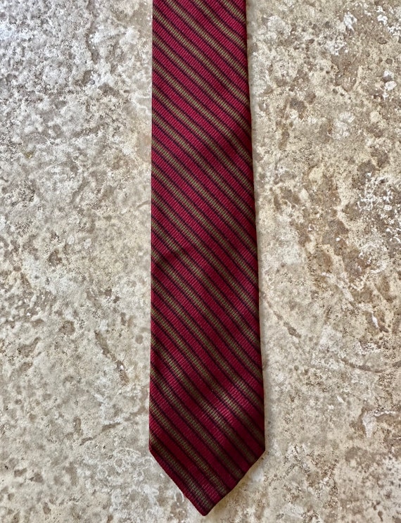 1960s Red & Olive Green Regimental Striped Silk Repp … - Gem