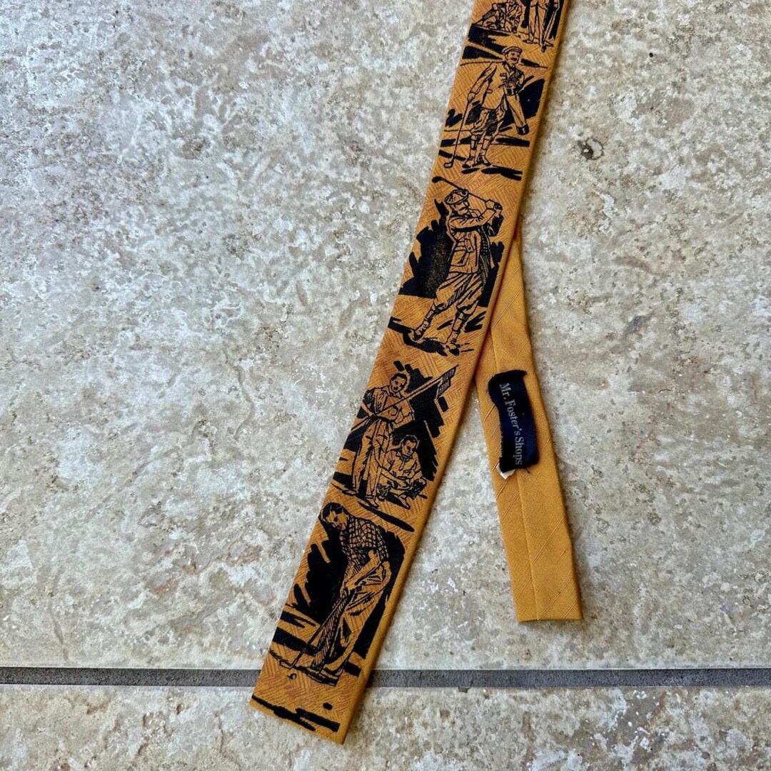 1960s ROOSTER Mustard Yellow Printed Cotton Square End Tie | Golf Motif ...