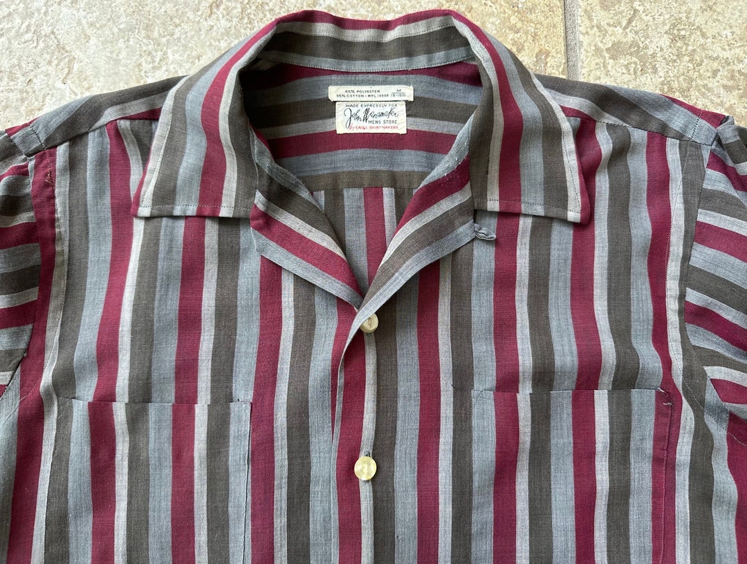 1960s Red & Olive Green Striped Loop Collar Shirt Medium 15 15.5 JOHN ...