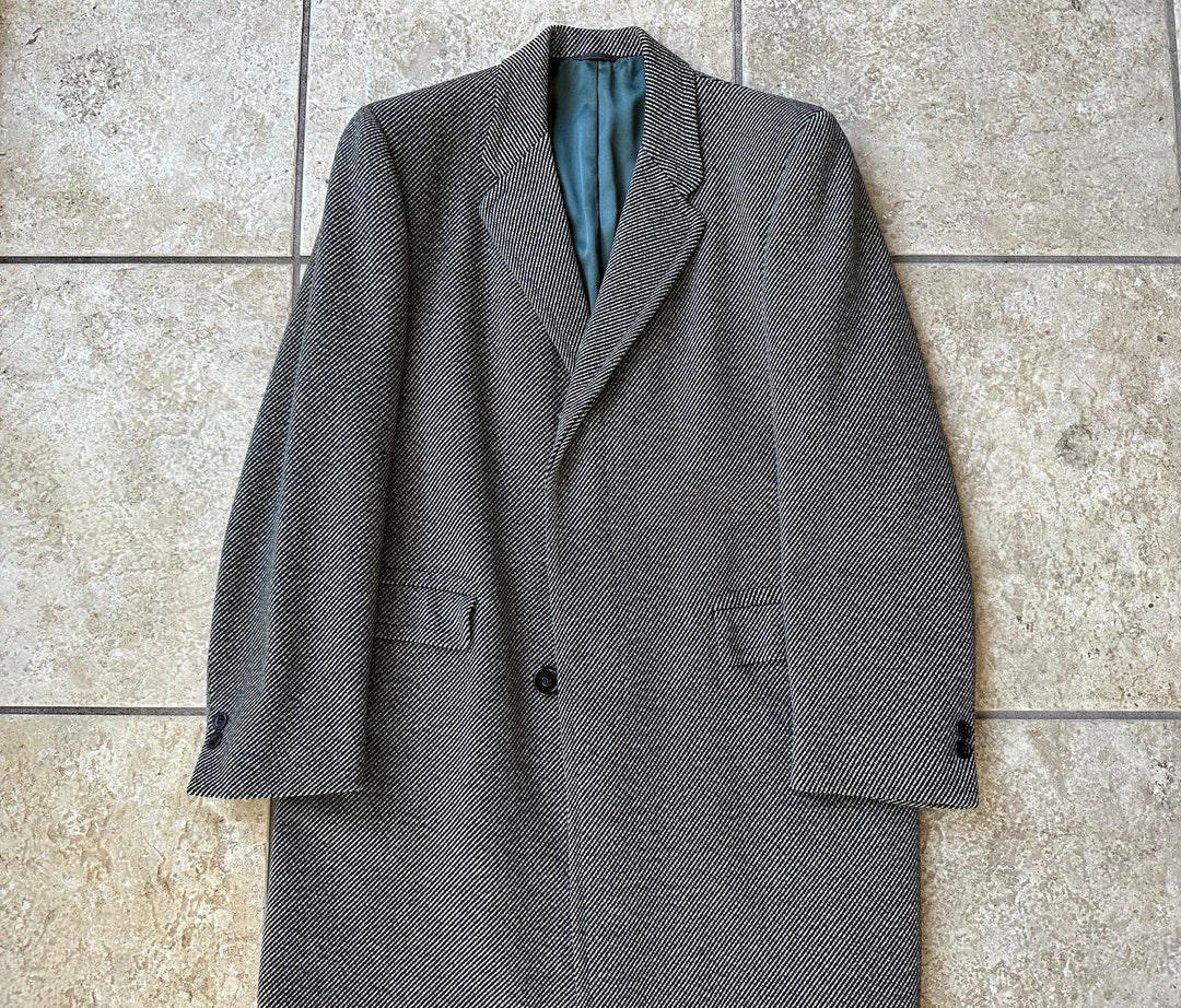 1960s Gray Diagonal Striped Tweed Wool Sack Overcoat | 36 37 Short ...