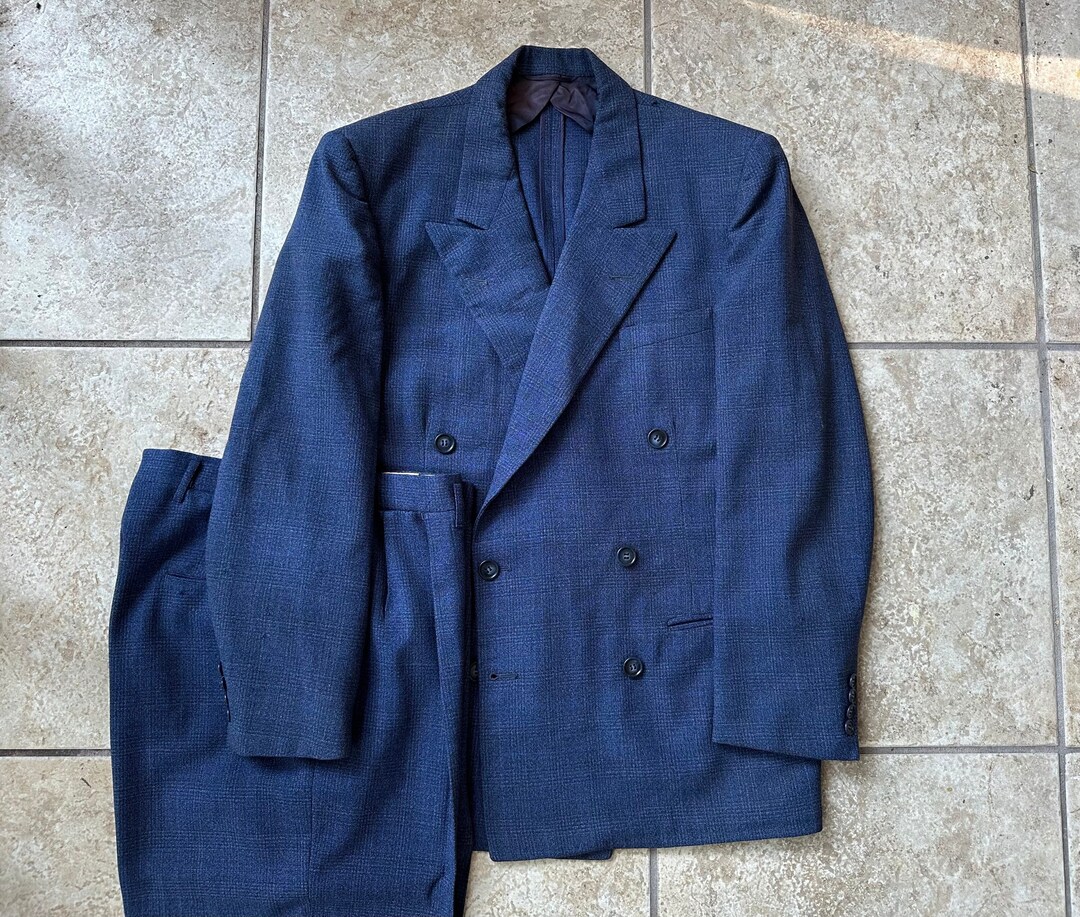 1940s TOWN-CLAD Blue Plaid Flecked Wool Double Breasted Suit 38 39 ...