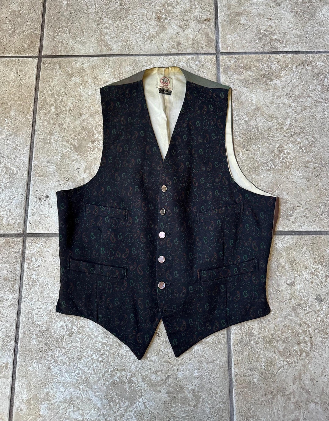 1960s WELCH MARGETSON Black Paisley Wool Challis Waistcoat | Small ...