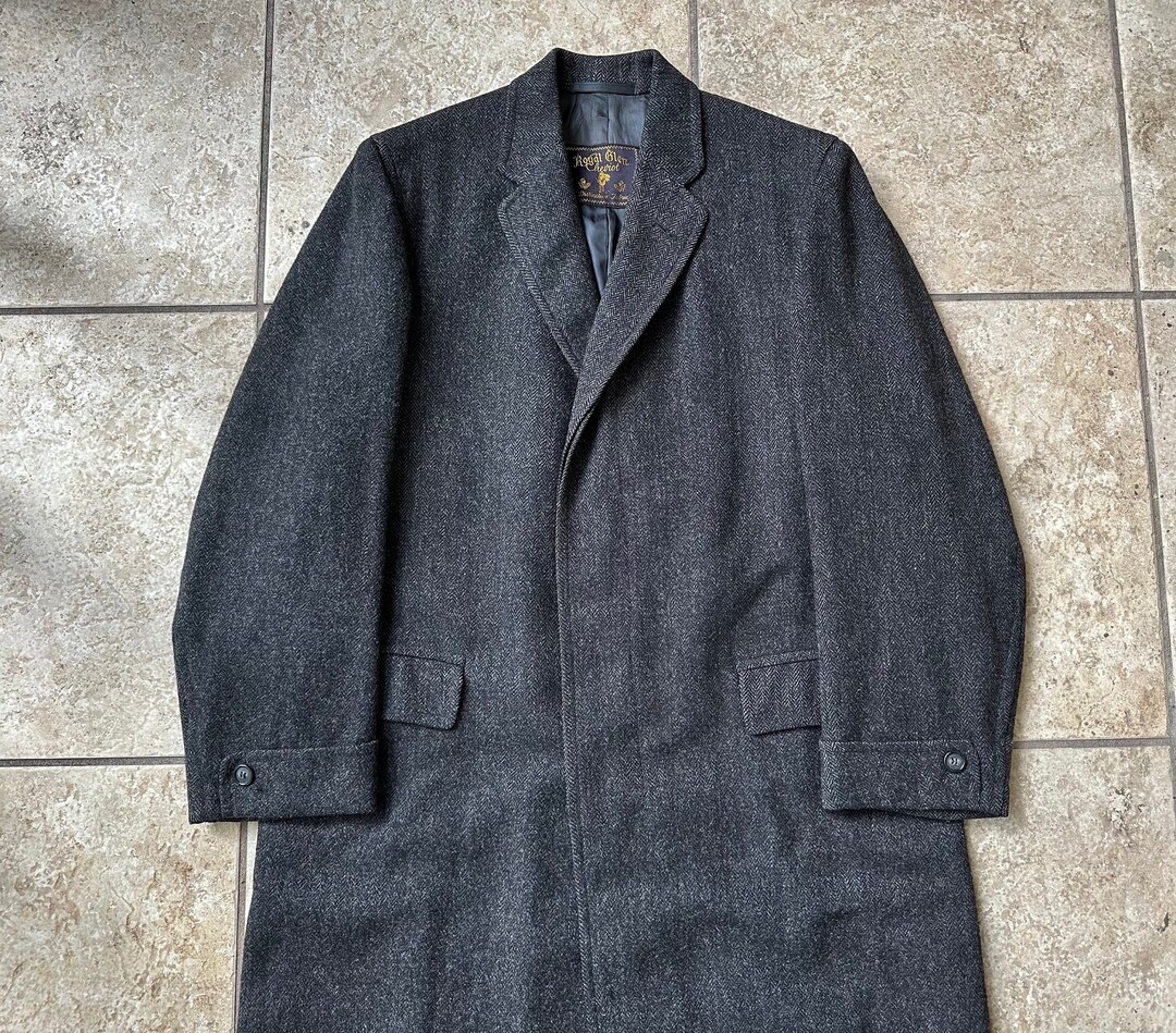 1960s Dark Gray Herringbone Cheviot Tweed Sack Overcoat 39 40 Regular ...