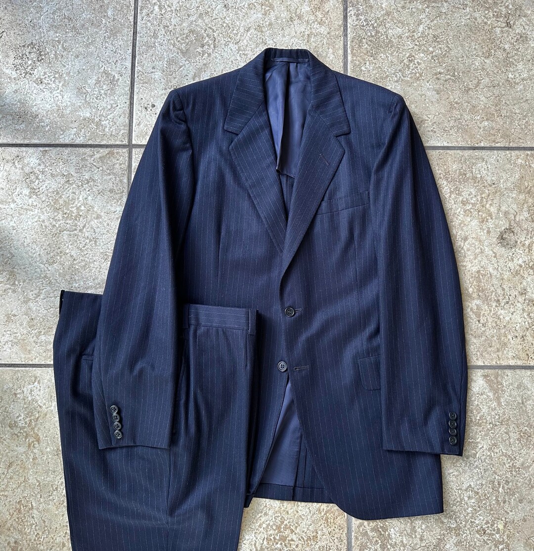 1970s OXXFORD CLOTHES Navy Blue Chalk Striped Flannel Suit | 38 39 Long ...