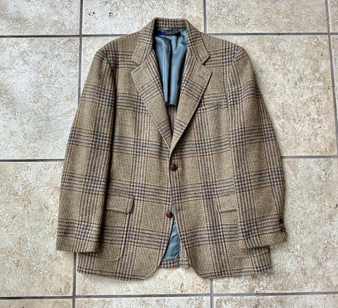1970s BROOKS BROTHERS Light Brown & Olive Green Plaid Tweed Wool Sack ...