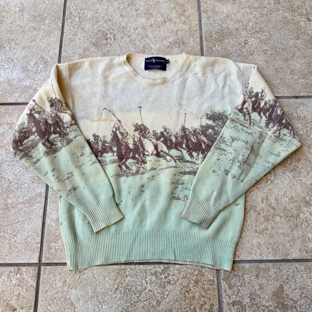 Vintage POLO RALPH LAUREN Polo Scene Print Lambswool Crewneck Sweater ...