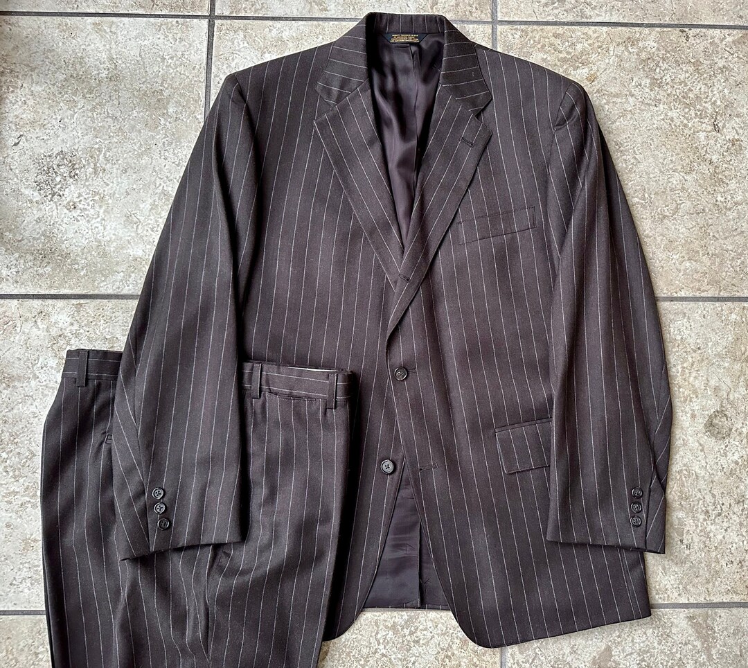 Vintage J. PRESS Brown Chalk Striped Flannel Wool Sack Suit 46 Regular 3/2 Roll Ivy League Trad ...