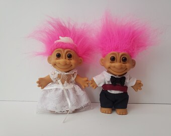 Vintage Russ Troll Dolls, Bride and Groom, Wedding Trolls, Pink Hair, 5 ...