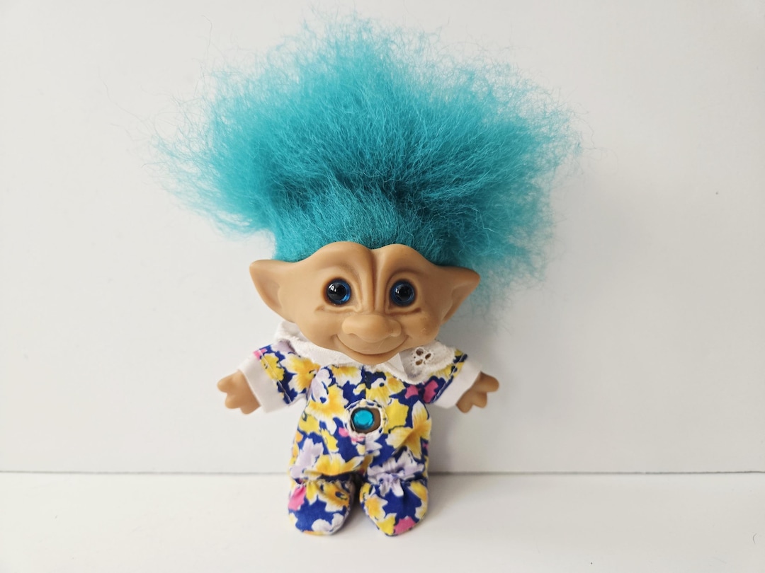 Vintage Ace Novelty Treasure Troll Doll, Teal Blue Hair, Aqua Blue ...