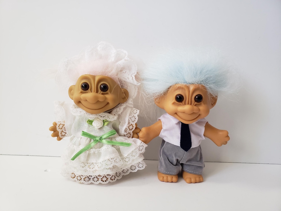 Vintage Russ Troll Dolls, Bride and Groom, Wedding Trolls, Pink Hair ...