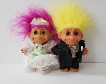 Vintage Russ Troll Dolls, Bride and Groom, Wedding Trolls, Pink Hair ...