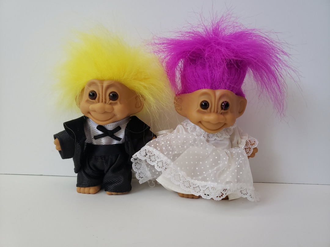 Vintage Russ Troll Dolls, Bride and Groom, Wedding Trolls, Purple Hair ...