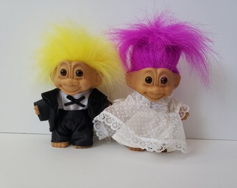 Vintage Russ Troll Dolls, Bride and Groom, Wedding Trolls, Pink Hair ...