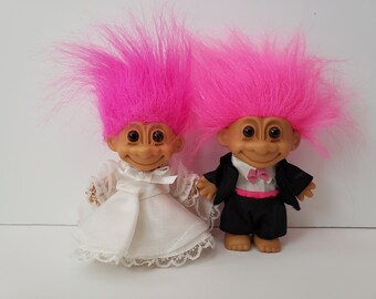 Vintage Russ Troll Dolls, Bride and Groom, Wedding Trolls, Pink Hair, 5 ...