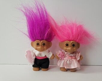 Vintage Russ Troll Dolls, Bride and Groom, Wedding Trolls, Pink Hair ...