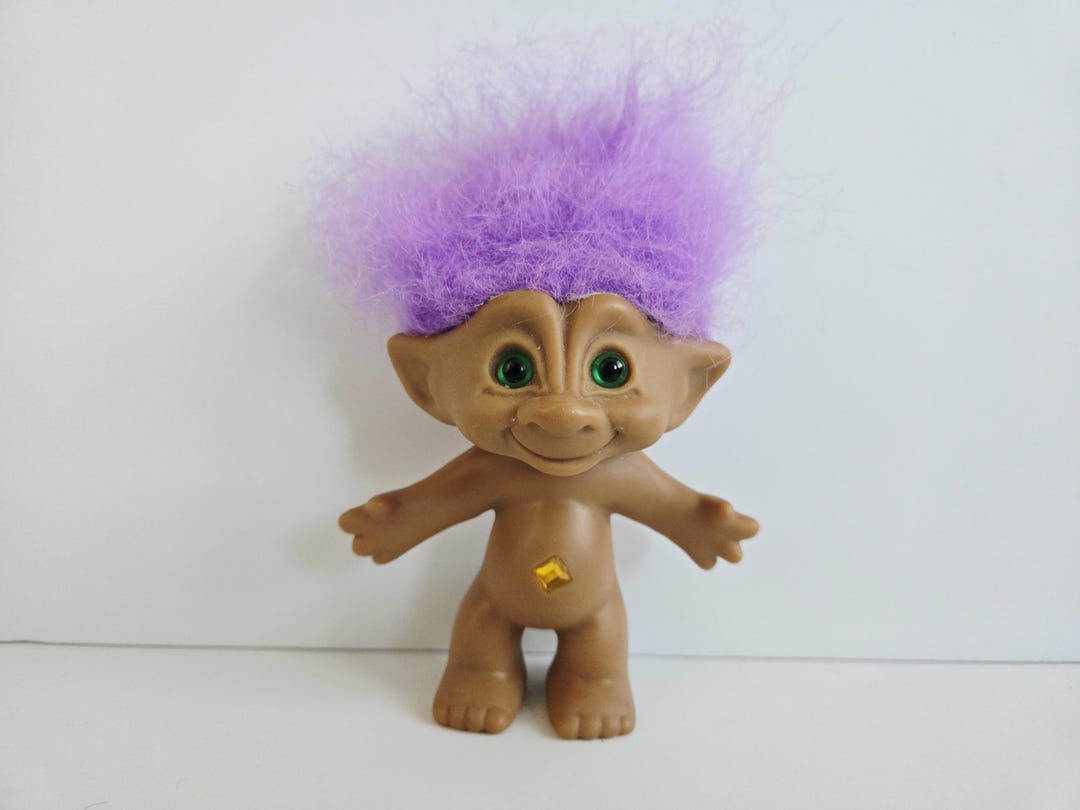 Vintage Treasure Troll Doll, Purple Hair, Green Eyes, Yellow Diamond ...