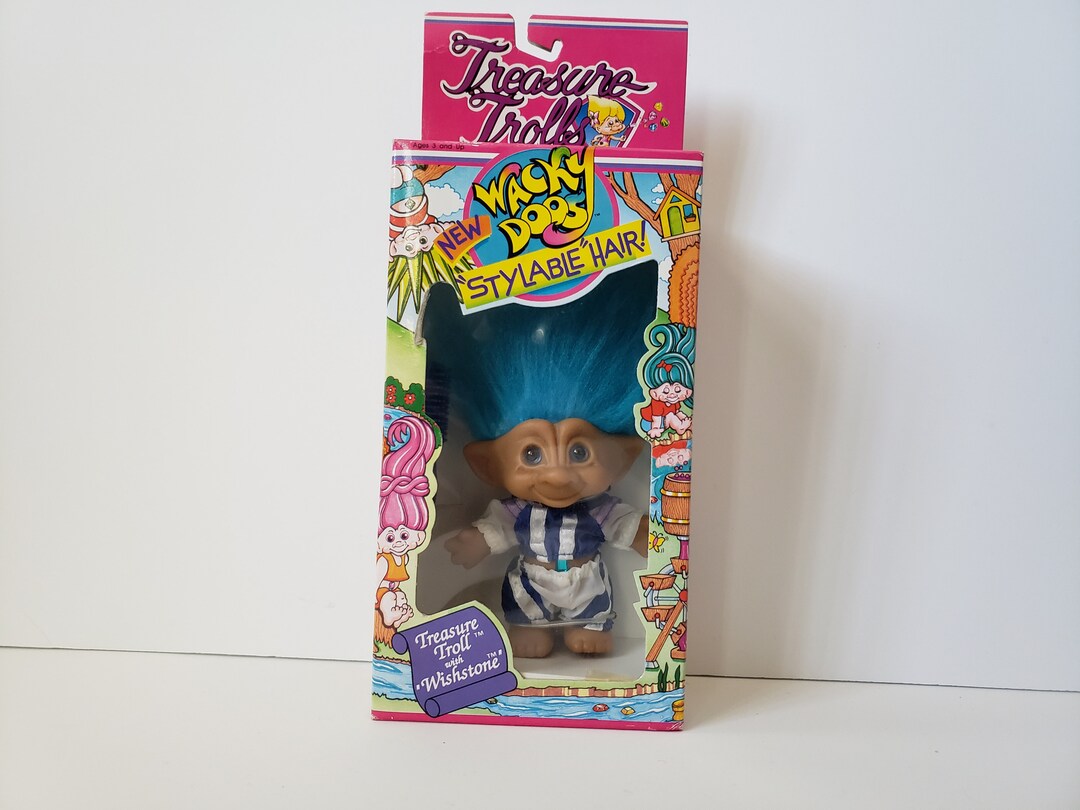 Vintage Ace Novelty Treasure Troll Doll, Aqua Blue Hair, Blue Rectangle ...