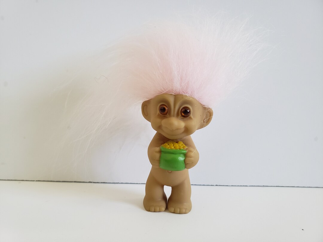 Vintage Troll Doll, Good Luck, Pot of Gold, Pink Hair, Blue Eyes 3 ...