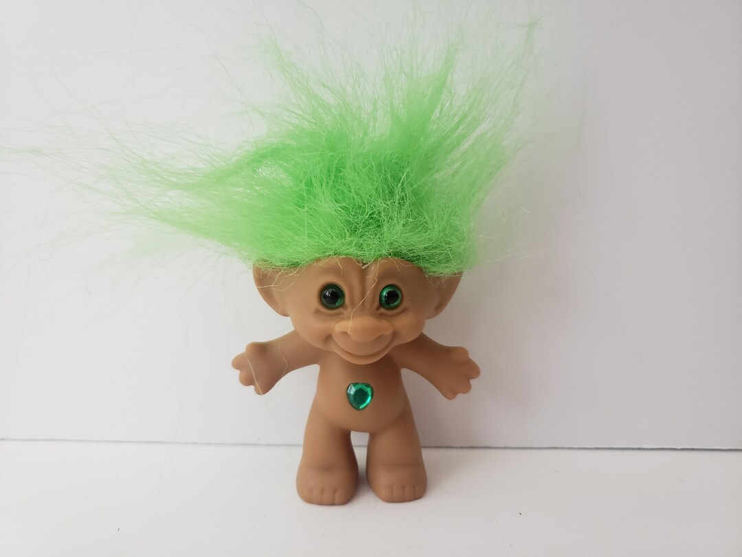 Vintage Ace Novelty Treasure Troll Doll, Green Hair, Green Heart Jewel ...