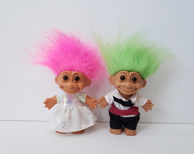 Vintage Russ Troll Dolls, Bride and Groom, Wedding Trolls, Pink Hair ...