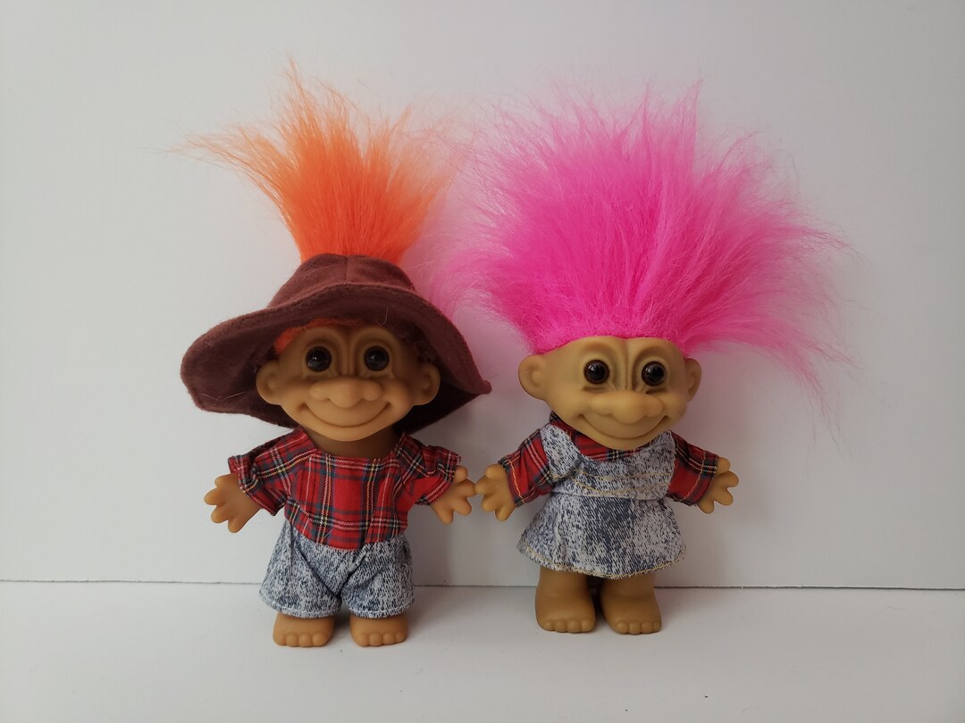 Vintage Russ Troll Doll Farmer Couple, Pink Hair, Orange Hair, 5 Trolls ...