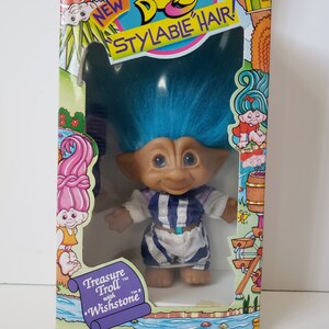 Vintage Ace Novelty Treasure Troll Doll, Aqua Blue Hair, Blue Rectangle ...