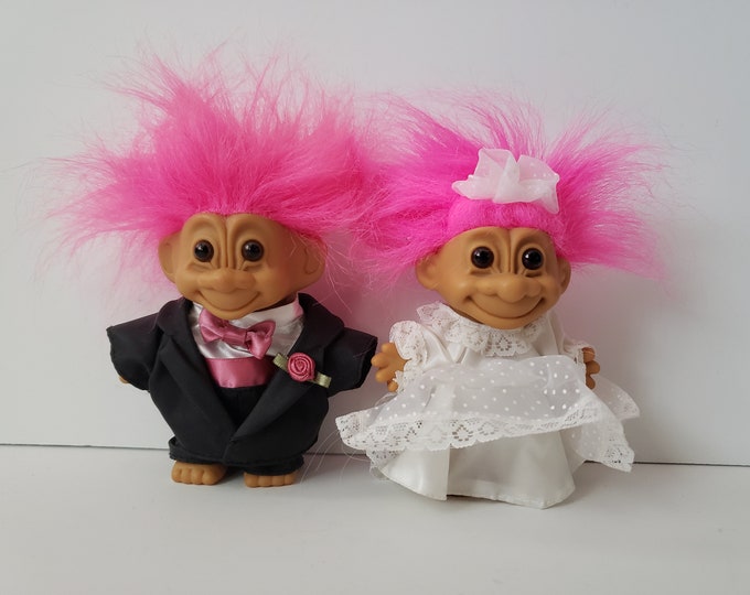 Vintage Russ Troll Dolls, Bride and Groom, Wedding Trolls, Pink Hair, 5 ...