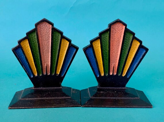 BOOKENDS: Hubley Painted Iron Sunburst Art Deco 1920s | Etsy