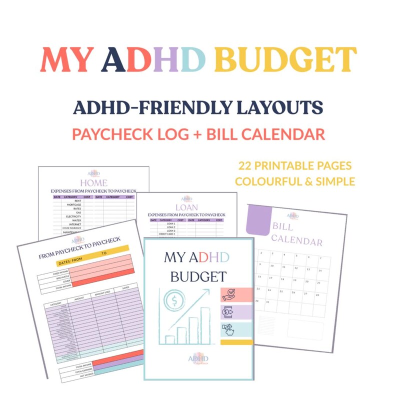 ADHD Budget Planner | Colorful Printable, Paycheck Log (instant ...