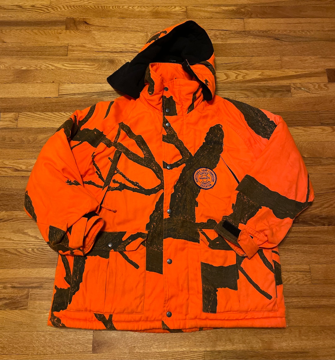 90s Field and Stream Puffer Insulated Coat Hooded Hunting Orange Camo ...