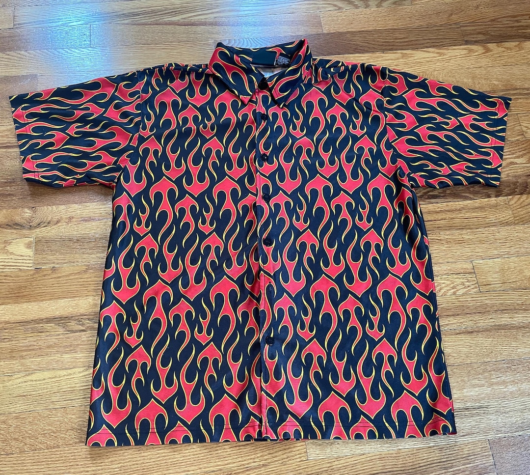 INSANE 90s All Over Print Flames Fire Button up Shirt Street Culture ...