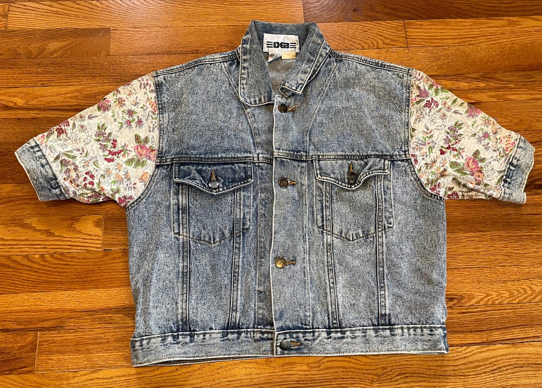 Insane 80s Stone Wash Floral New Wave Punk Shirt Sleeve Denim Jacket ...