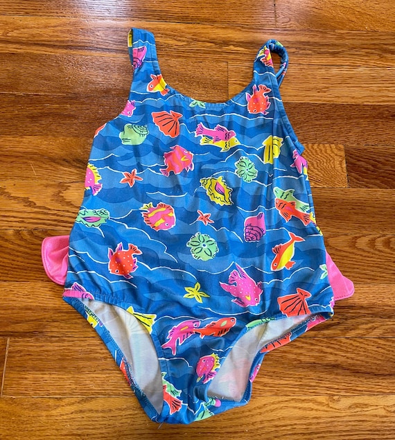 90s Neon Aquatic Swimsuit - Retro Ocean Print, Youth … - Gem