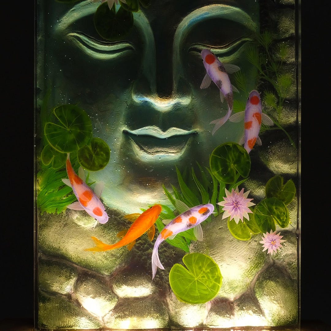 Buddha With Koi Fish and Water Lily, Zen Gift, 3D Painting, Buddha Gift ...