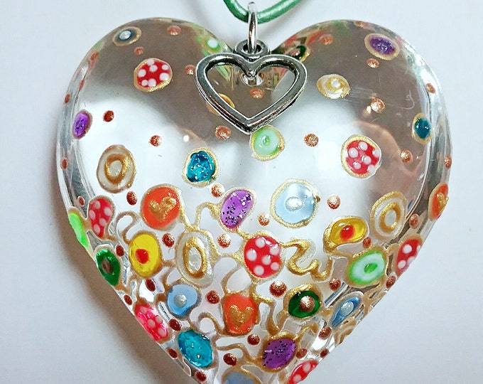 Heart Necklace, Hand Painted Pendant, Choker, Abstract Design, Unusual ...