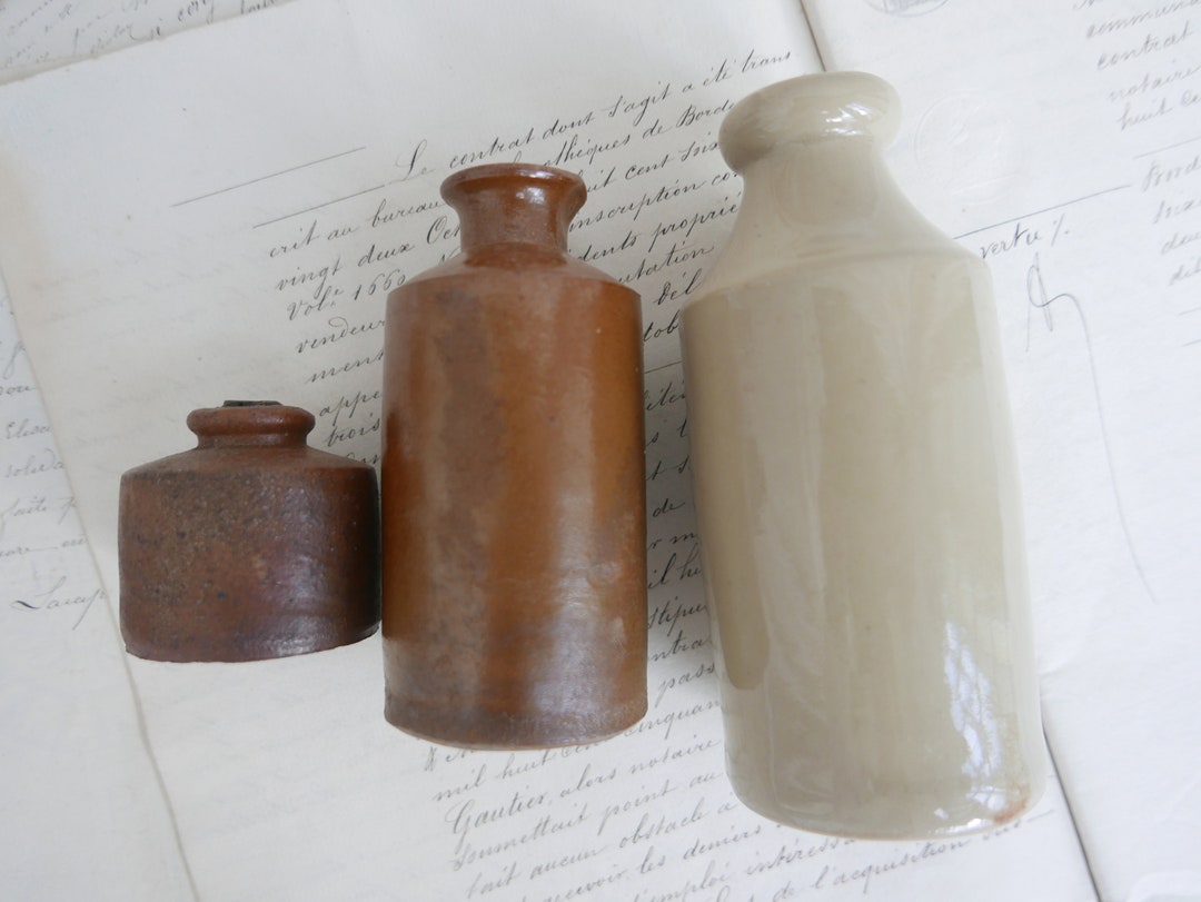 3, Vintage French Stoneware Pottery Jars, Inkwell and Ink Pourer ...