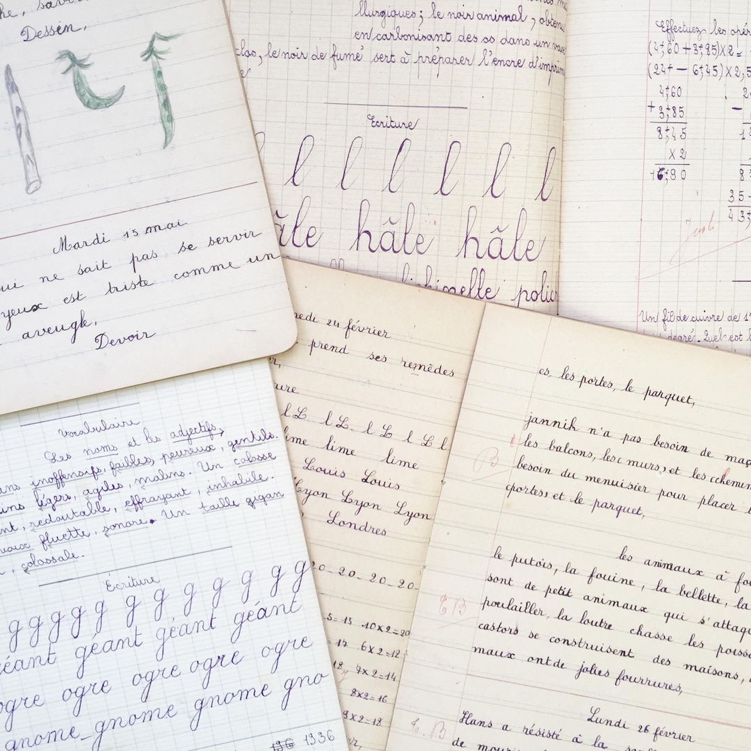 6 Vintage French Handwritten School Work Books, Decoupage, Journal ...