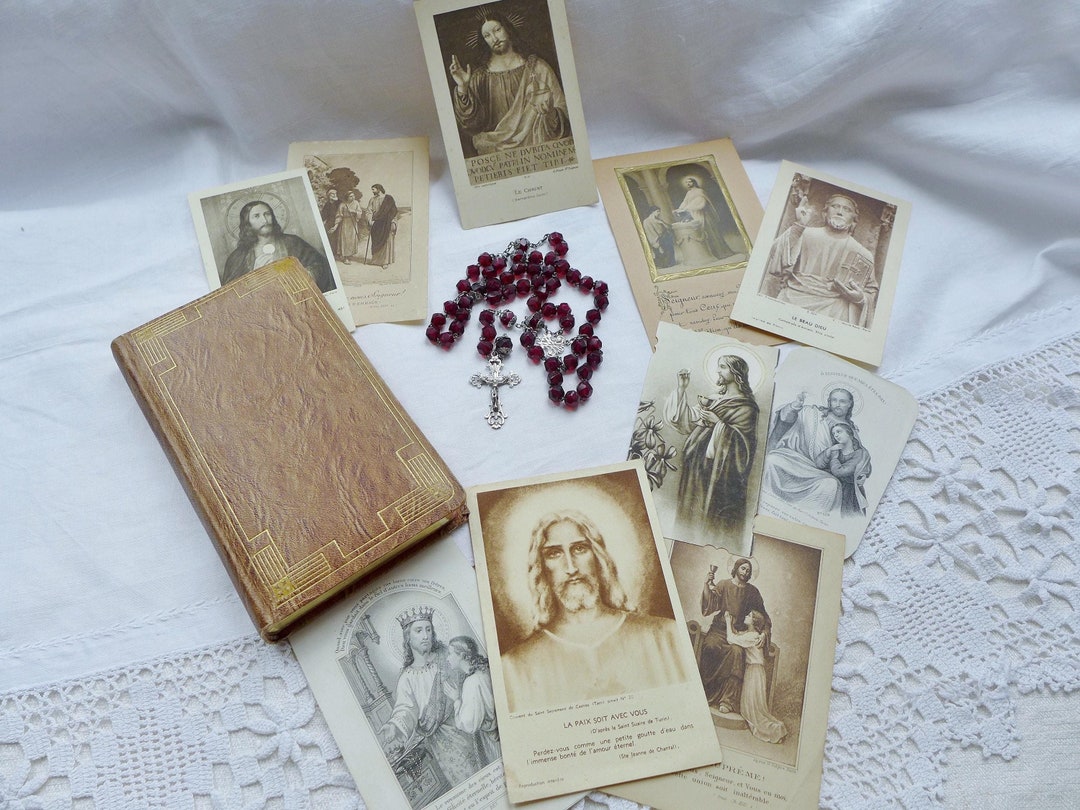 Vintage French Prayer Book, Red Glass Rosary, Leather Bound Religious ...