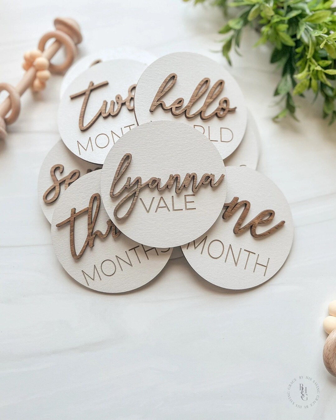 3D Wooden Monthly Milestone Discs for Baby Photos + Matching Nameplate ...