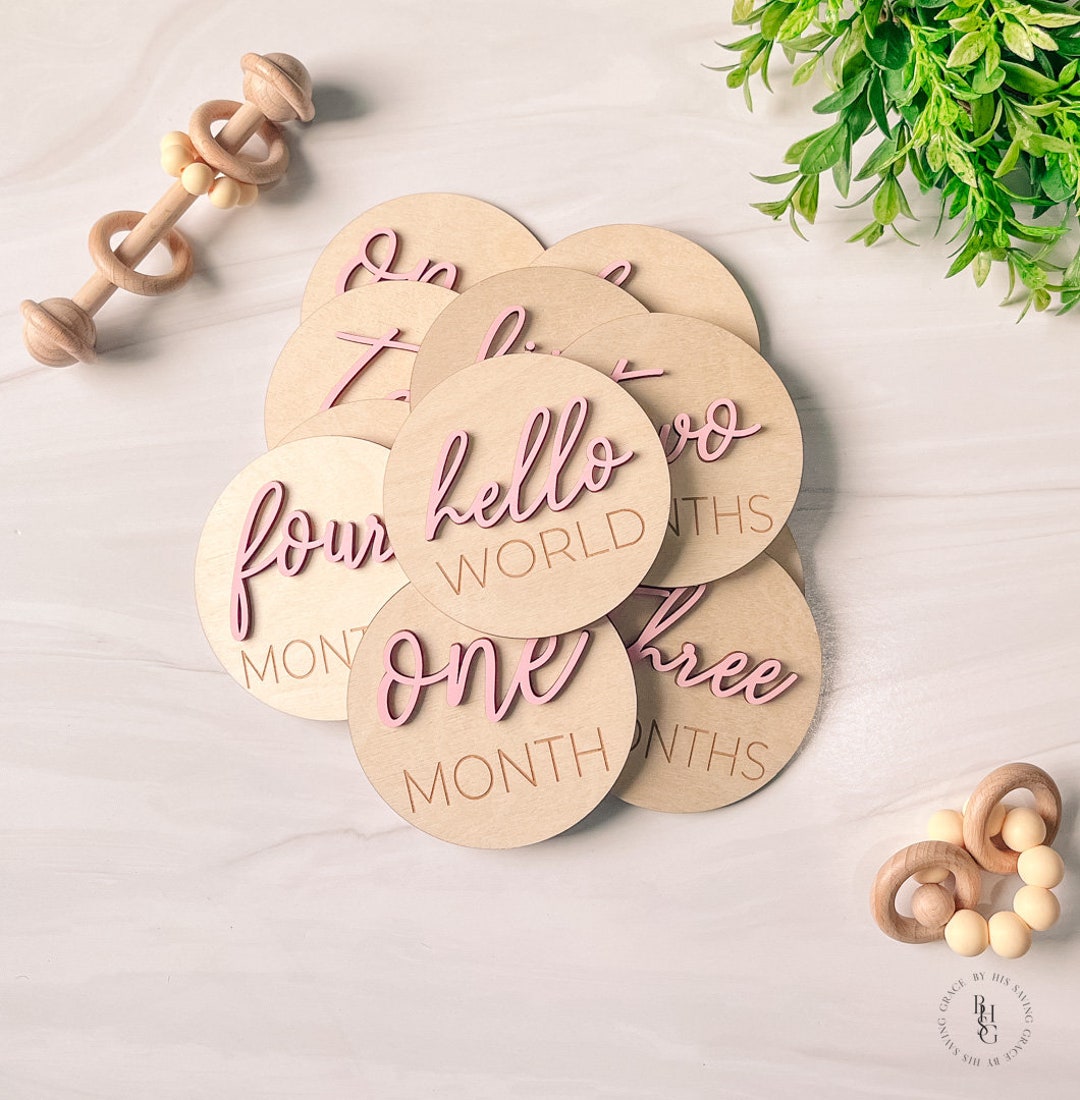 3D Wooden Monthly Milestone Discs With Light Pink Letters for Baby ...