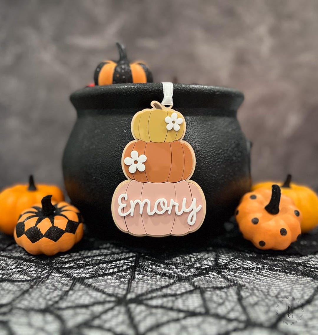 Boho Pumpkin Name Tag With Flower Accents | Halloween Bag Tags ...