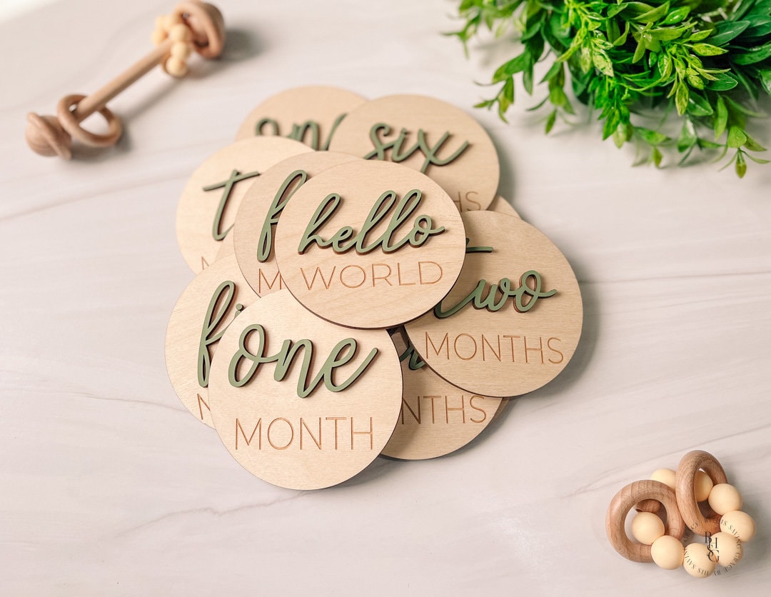 3D Wooden Monthly Milestone Discs With Sage Letters for Baby Photos ...