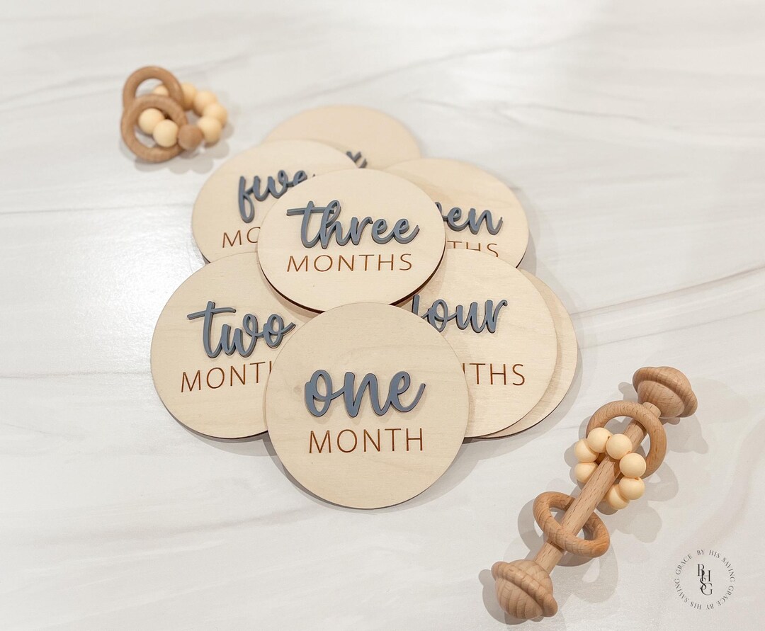 3D Wooden Monthly Milestone Discs for Baby Photos With Slate Blue ...